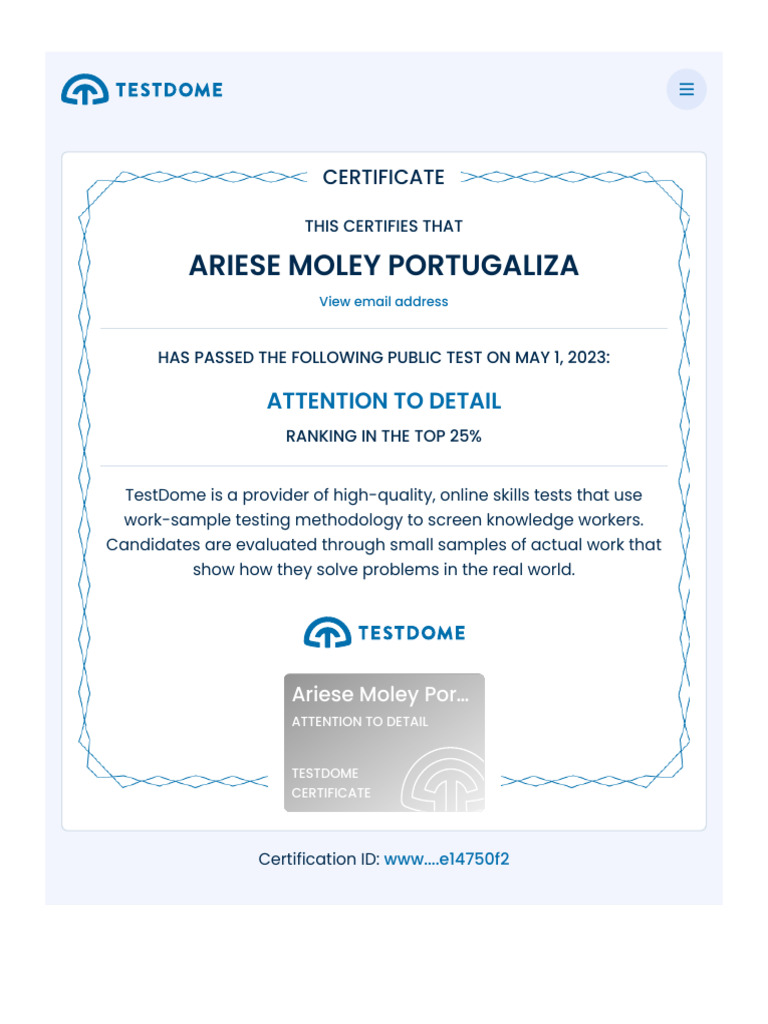 TestDome Certificate for Ariese Moley Portugaliza | TestDome | PDF
