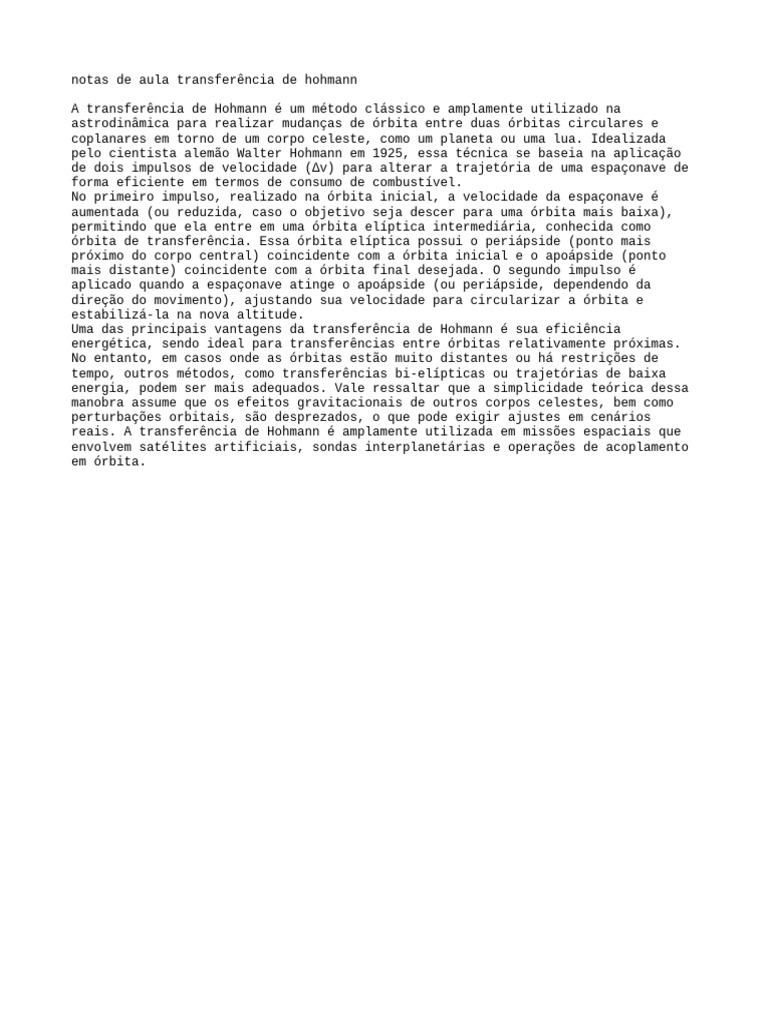 Notas de Aula Transferência de Hohmann | PDF