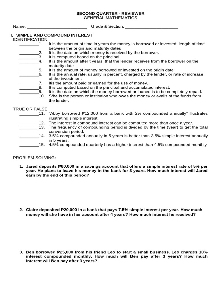 Reviewer in 2nd Quarter GenMath 2024 2025 | PDF | Interest | Compound Interest