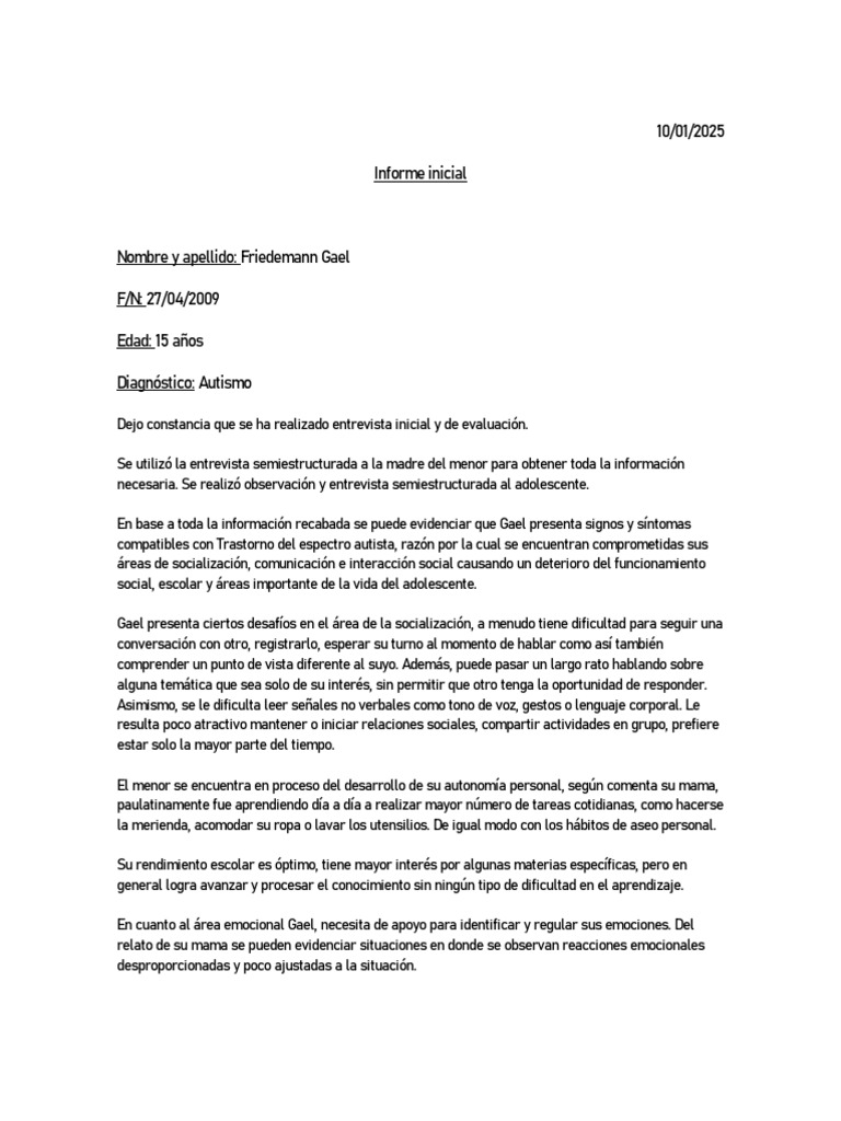 Informe Gael y Plan de Tratamiento - Docx 2025 | PDF | Las emociones | Espectro autista