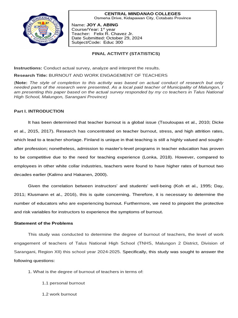 Joy Abing (Statistics On Burnout and Work Engagement of Teachers) | PDF ...