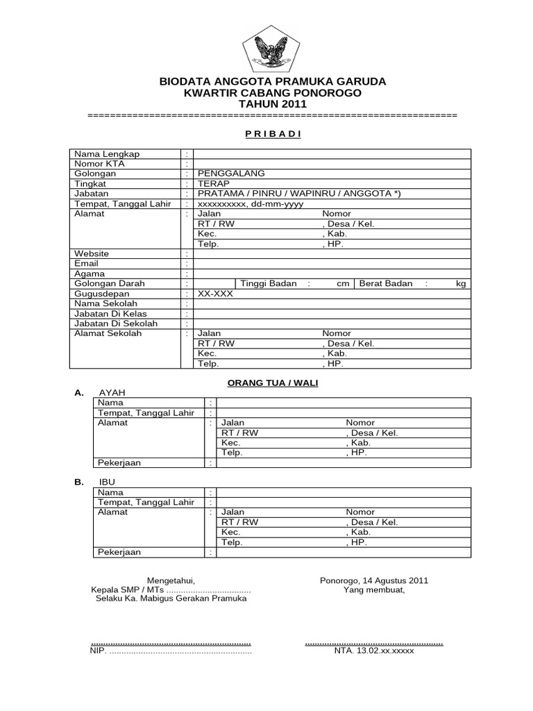 Biodata Anggota Pramuka Garuda Penggalang 2011 | PDF