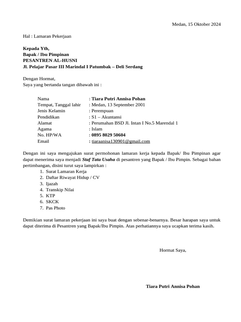 Surat Lamaran Kerja Tiara Putri Annisa Pohan | PDF