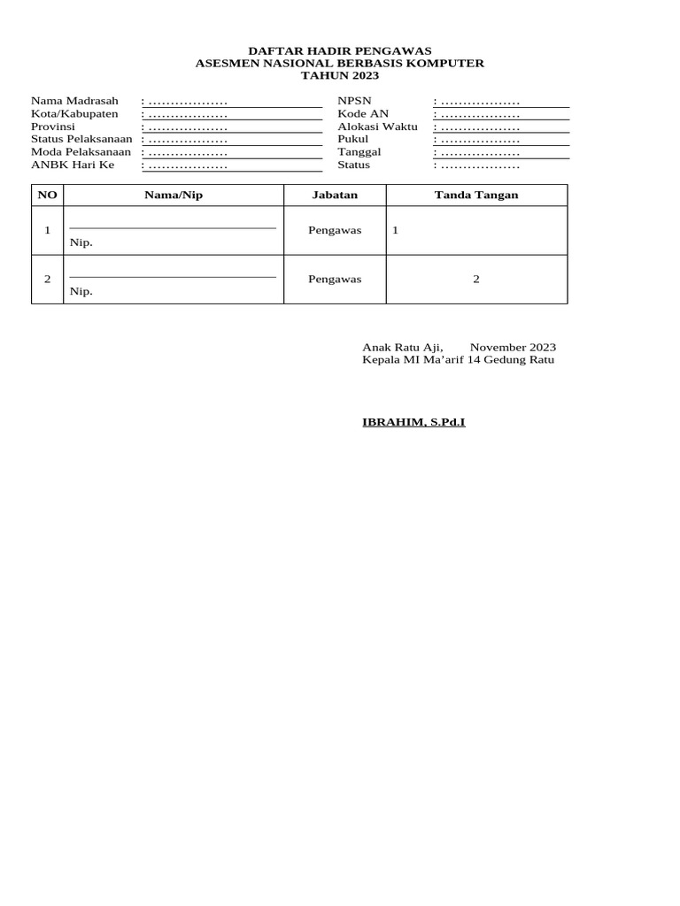 Daftar Hadir Pengawas ANBK | PDF