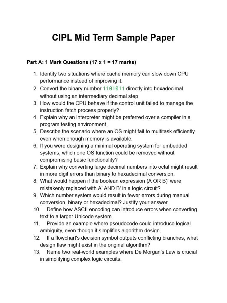 CIPL Mid Term Sample Paper - 240924 - 195724 | PDF | Logic Gate | Boolean Algebra