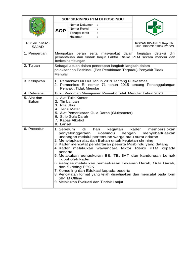 SOP Skrining PTM Posbindu | PDF