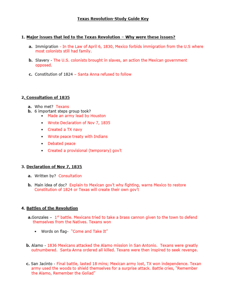Texas Revolution Study Guide KEY | PDF | Battle Of The Alamo | Mexican Texas