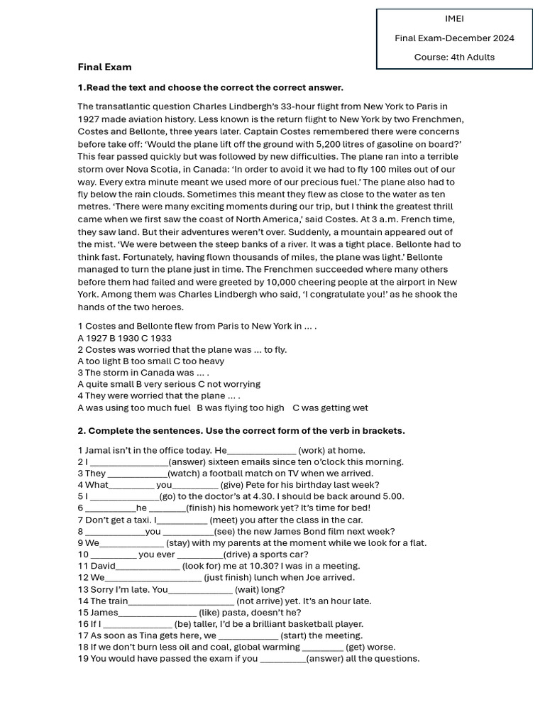 Final Exam for 4th Adults Course | PDF | Charles Lindbergh