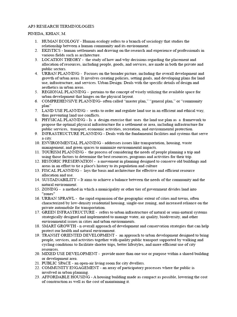 Ap3 Research Terminologies | PDF | Urban Planning | Planning