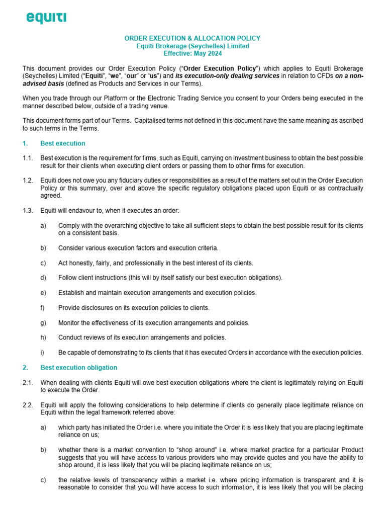 Equiti - Order Execution Policy | PDF | Market Maker | Market Liquidity