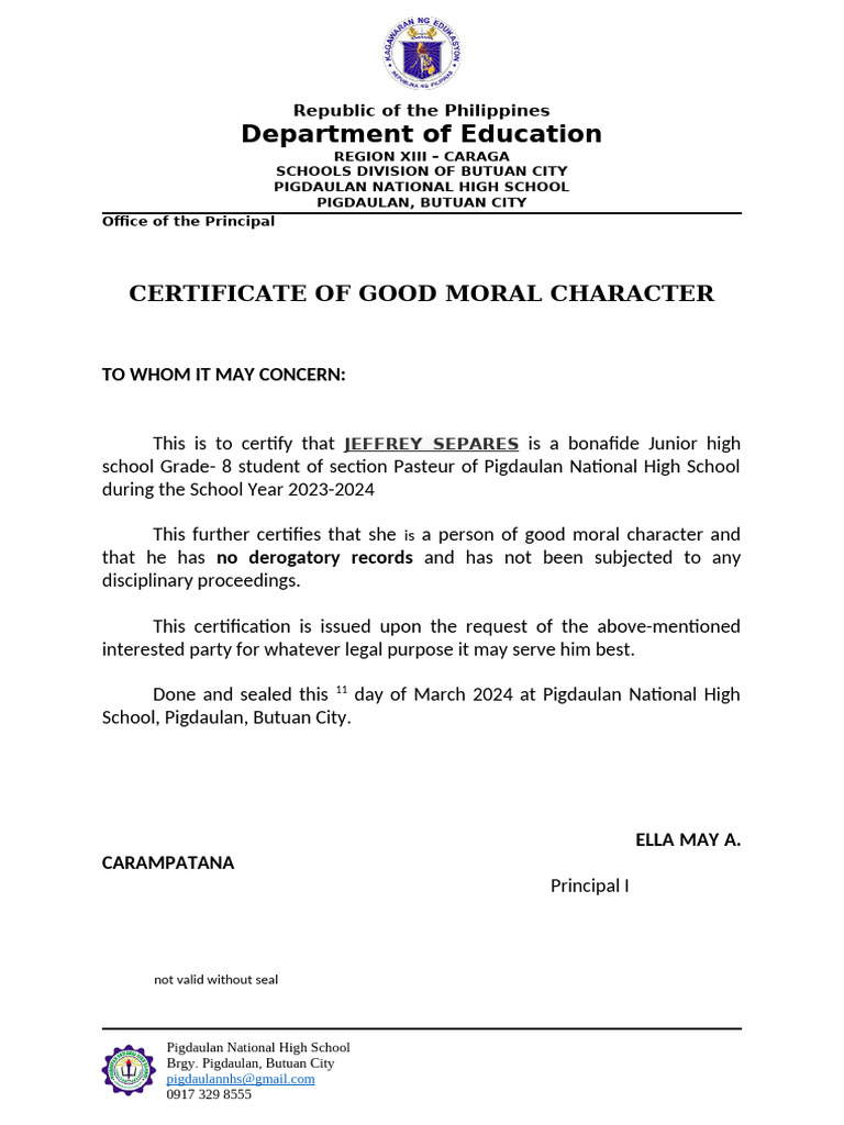 Certificate of Good Moral Character | PDF