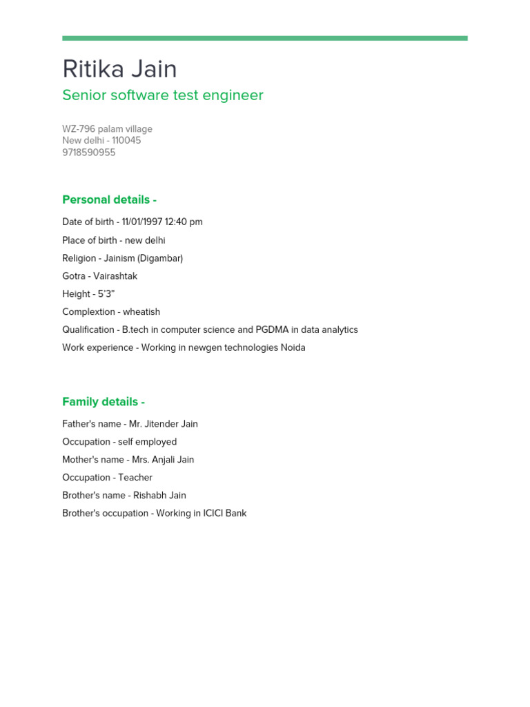 Bio Data Ritika Jain | PDF