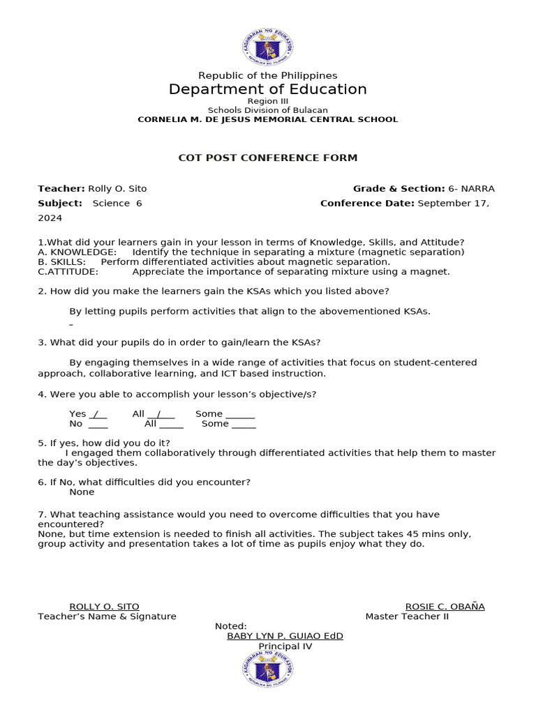 COT - Post Conference CO1 2024 2025 | PDF | Teachers | Learning