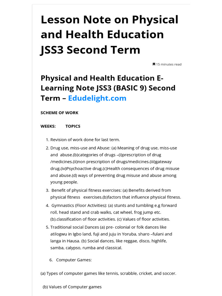 Lesson Note On Physical and Health Education JSS3 Second Term | PDF | Skeleton | Bone