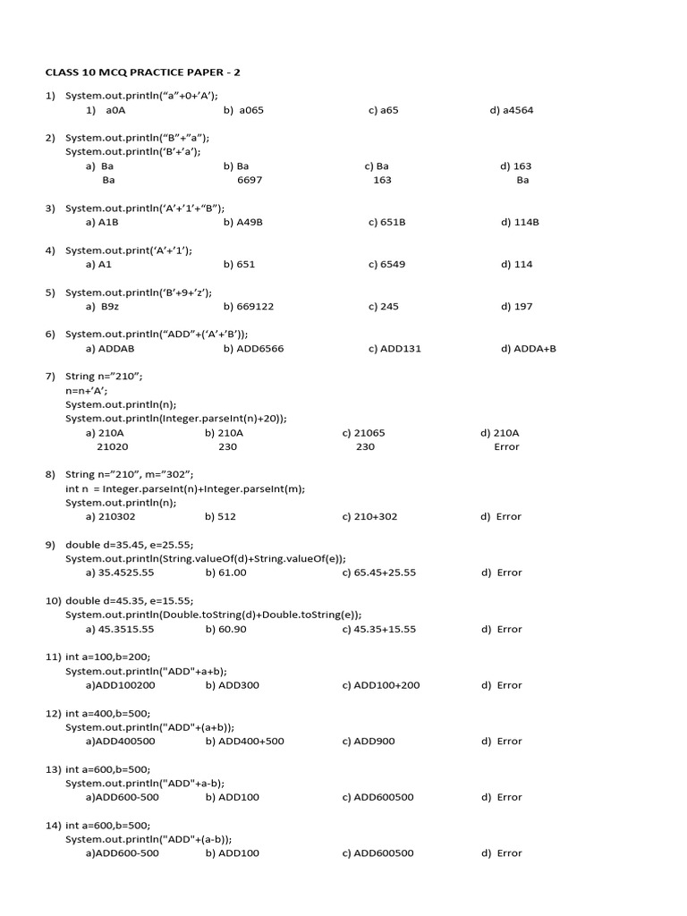 Class 10 Java MCQ Practice Paper | PDF | Method (Computer Programming) | Parameter (Computer ...