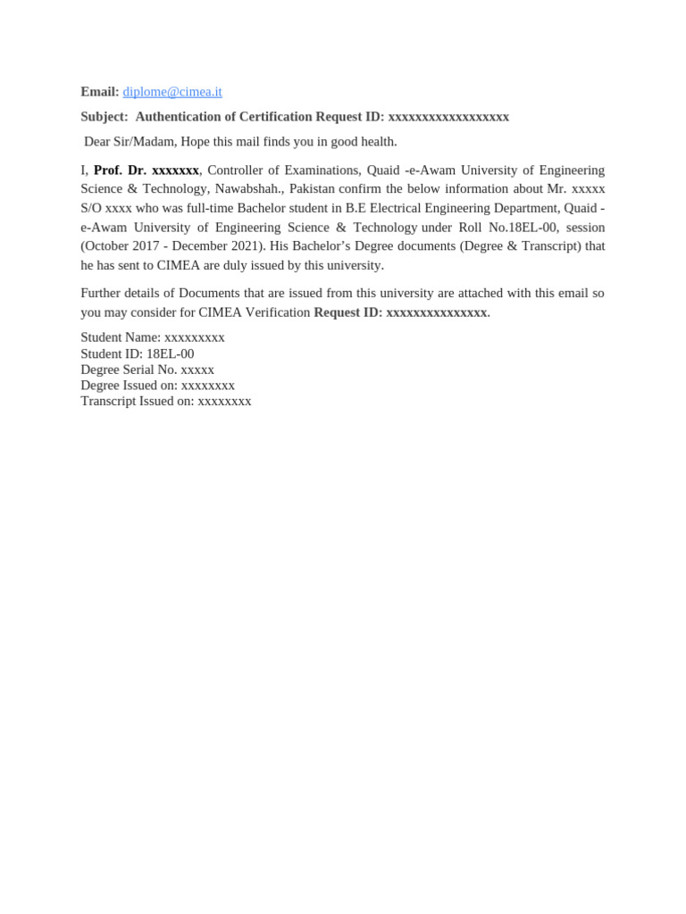 CIMEA Email Sample | PDF