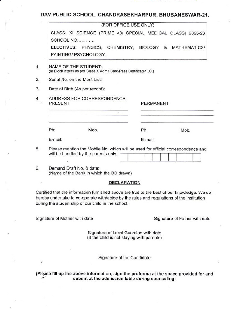 Gru_admission Proforma for Class Xi _prime40 and Spl.medical | PDF