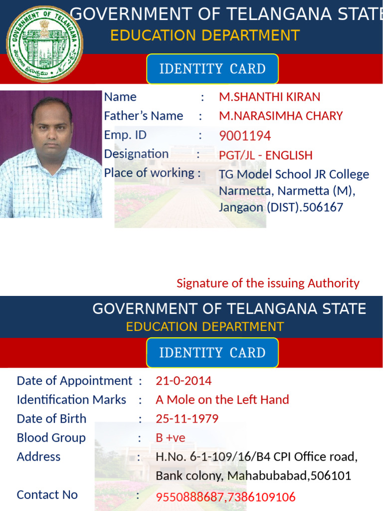 Telangana Teacher ID Card Format | PDF