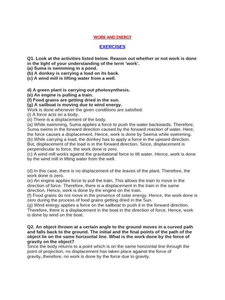 Class 9 Work and Energy Exercises-1 | PDF | Force | Mass