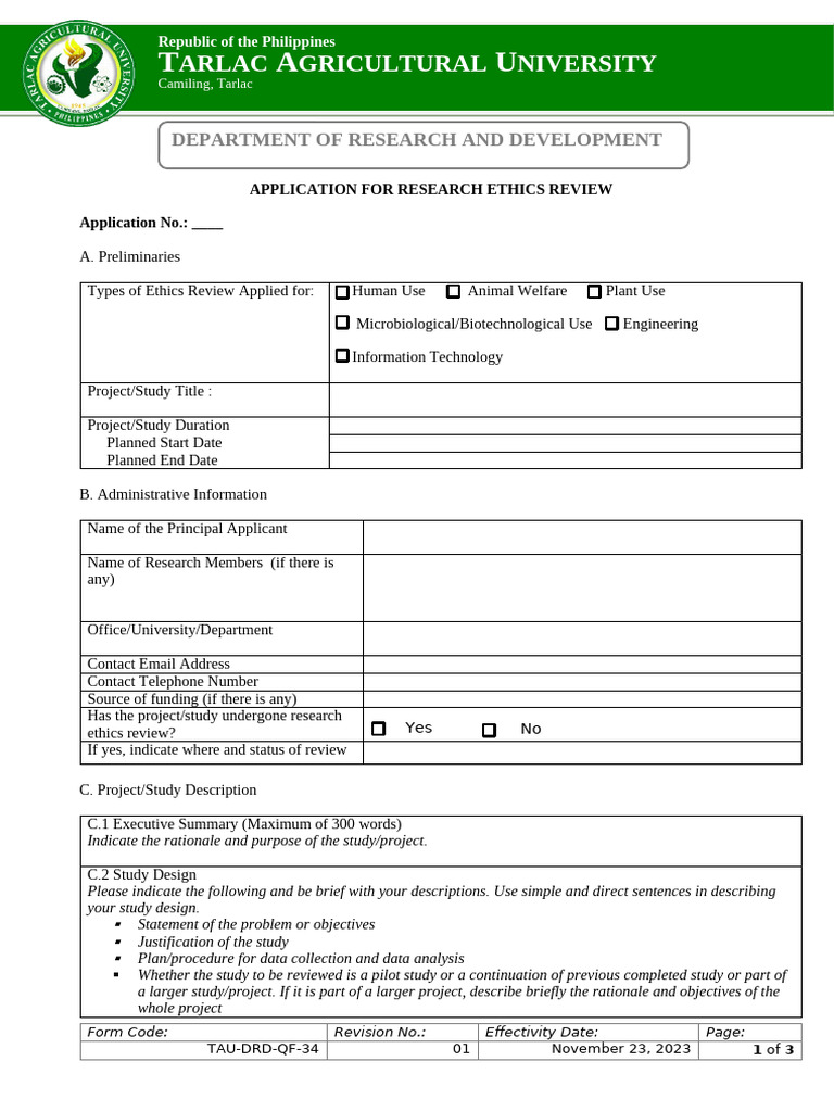 TAU DRD QF 34 Application For Research Ethics Review Form Rev01 | PDF ...