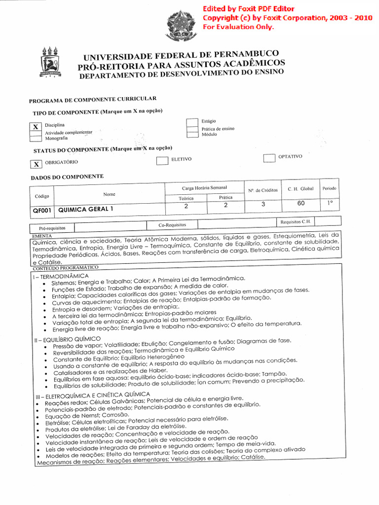 Ementa - Química Geral 1 | PDF