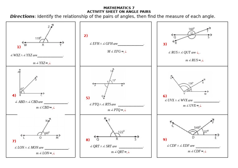 Angle Pairs Activity Sheet for 7th Grade | PDF