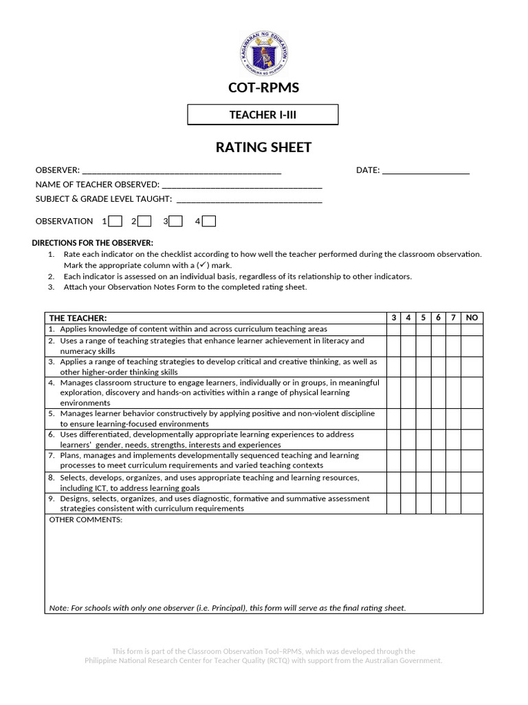 COT Rating Sheet Teacher I III 051018 | PDF | Teachers | Learning