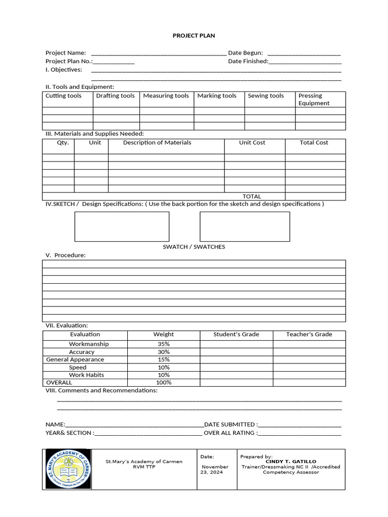 Dressmaking Project Plan Template | PDF