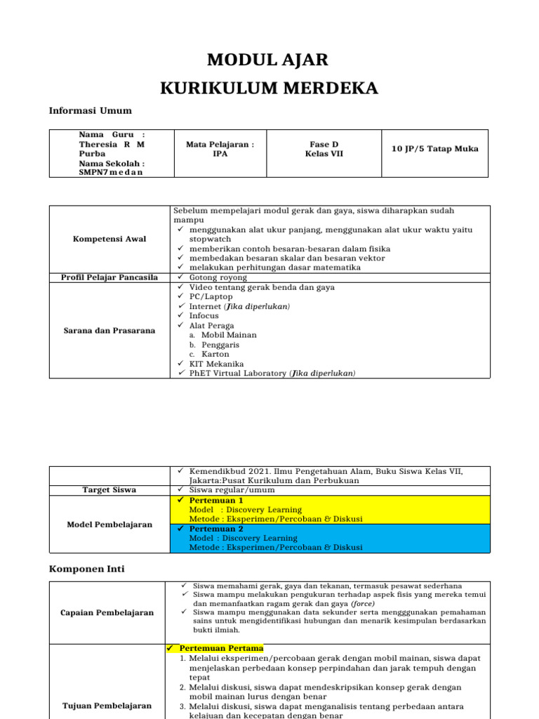 Modul Gerak Dan Gaya Kelas 7 | PDF