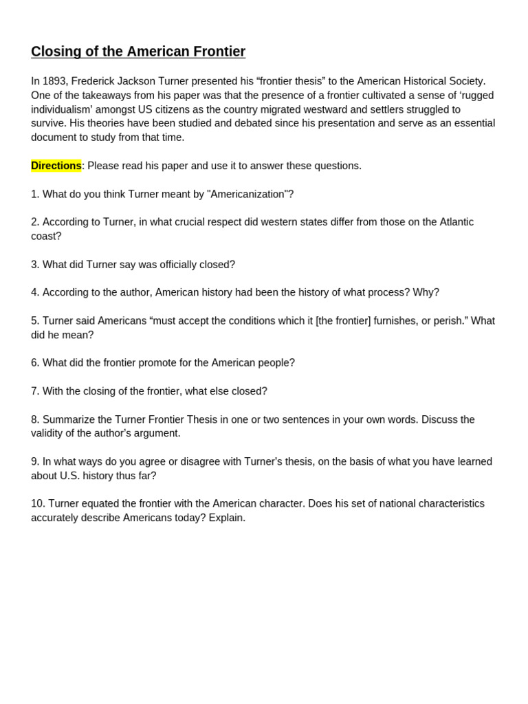 Closing of the American Frontier Assignment | PDF