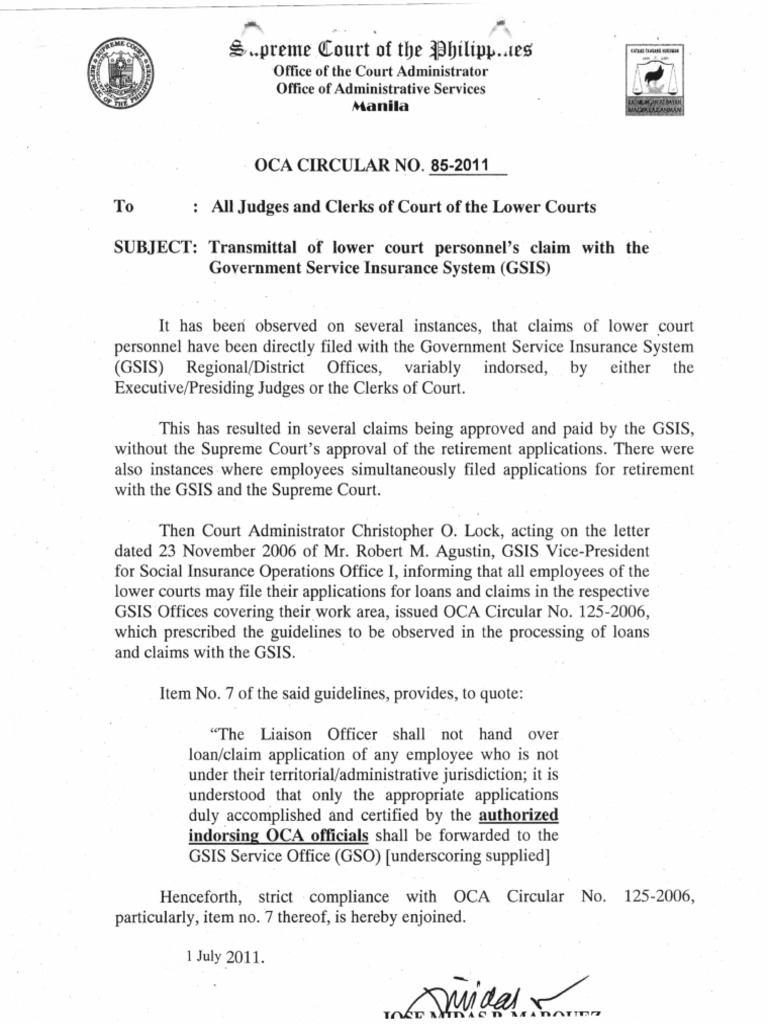 OCA Circular No. 85 2011 | PDF