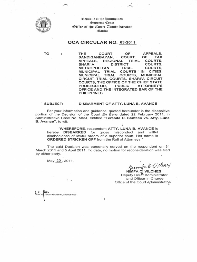 OCA Circular No. 63 2011 | PDF
