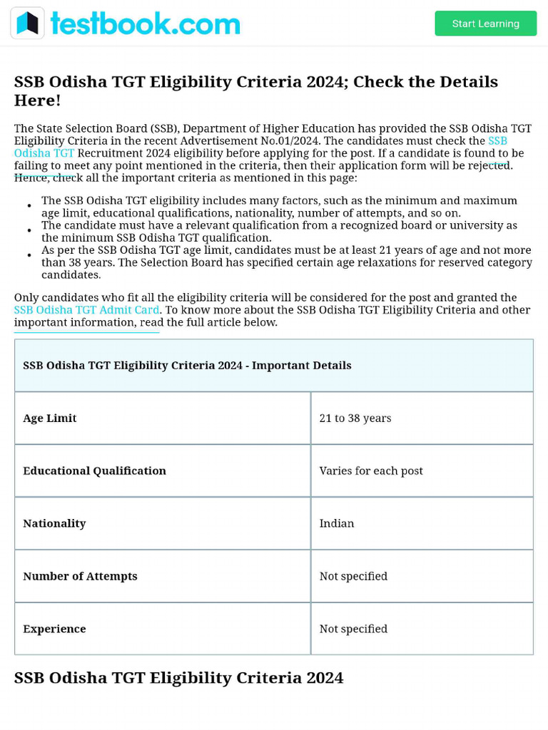 SSB Odisha TGT Eligibility Criteria 2024; Check the Details Here! | PDF