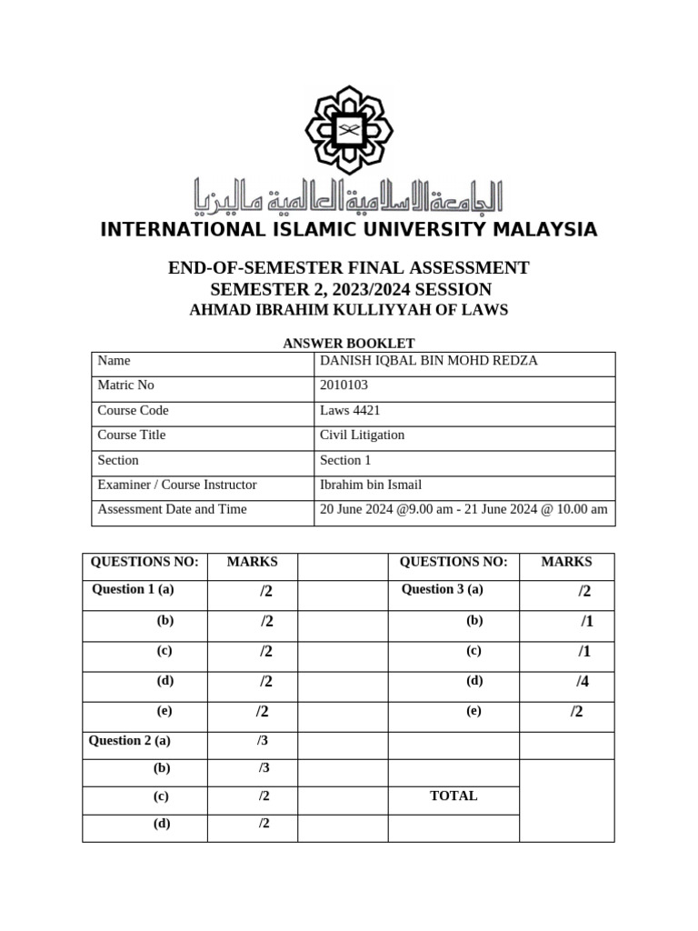 Answer Booklet | PDF | Lawsuit | Justice