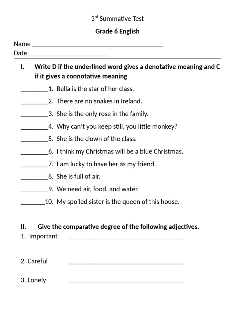 Class 6 English 3rd Summative Test | PDF
