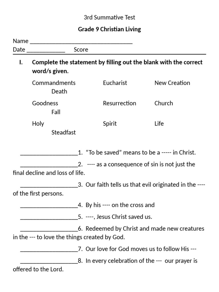 Grade 9 Christian Living Test Answers | PDF
