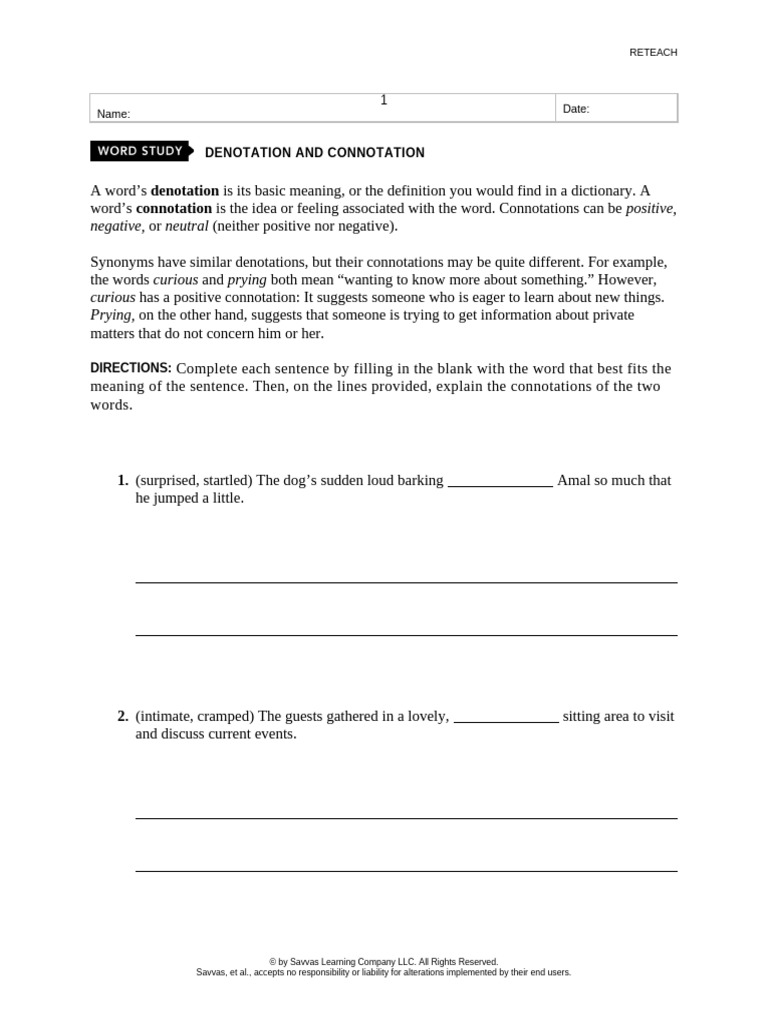 Worksheet On Denotation and Connotation | PDF