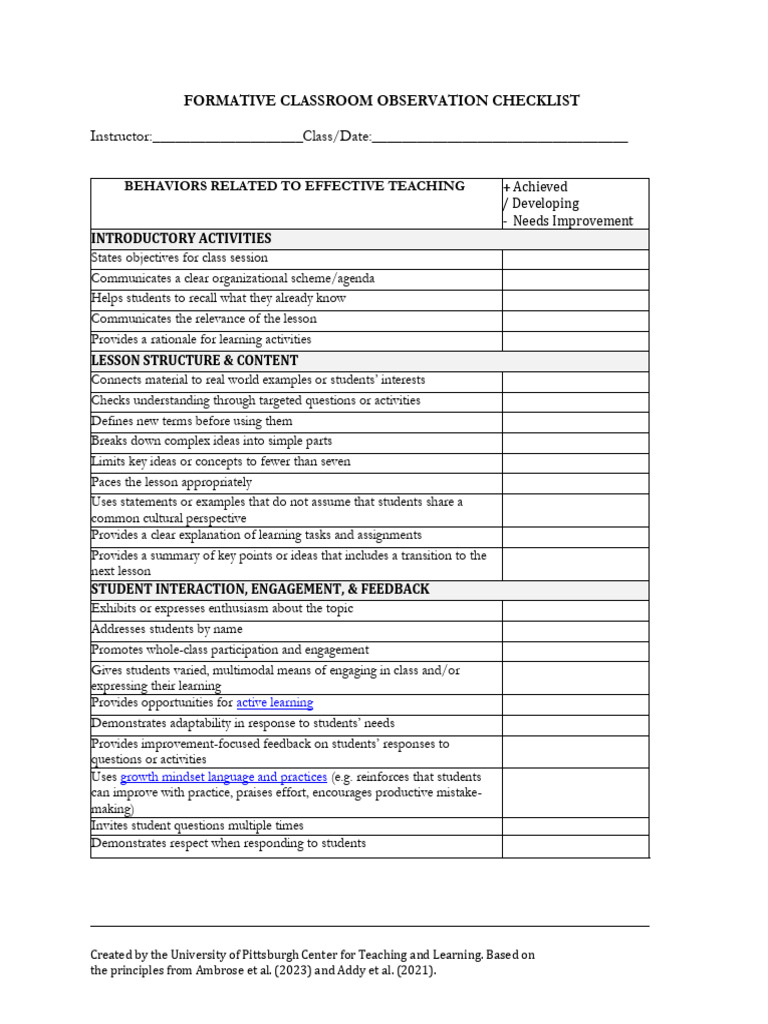 Teaching Center Formative Observation Checklist - 2023 | PDF | Learning ...