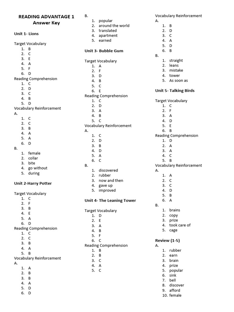 Reading Advantage 1 Answer Key | PDF