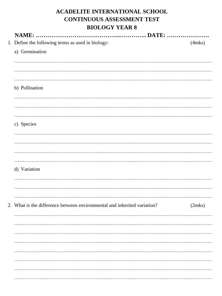 Biology Year 8 C.A.T. | PDF | Reproduction | Sexual Reproduction