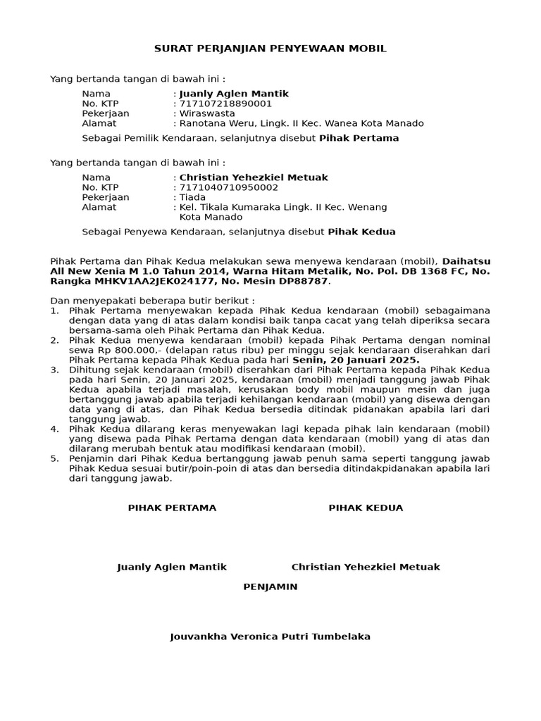 Surat Perjanjian Penyewaan Mobil | PDF