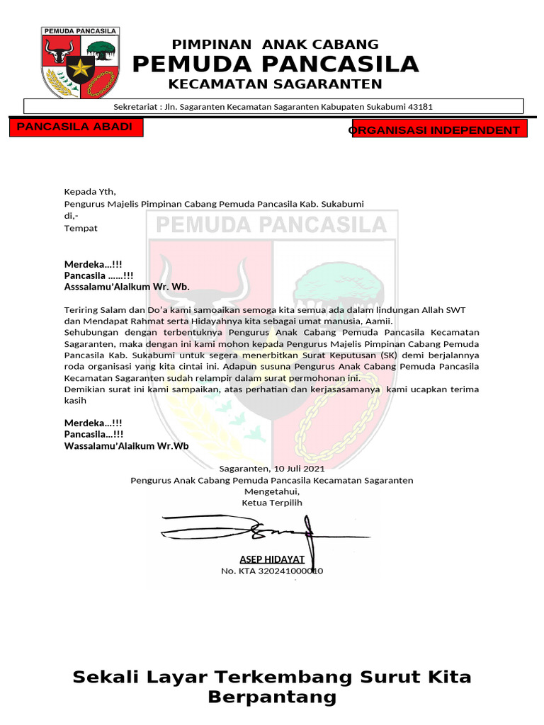 Contoh Permohonan SK PAC Pemuda Pancasila | PDF