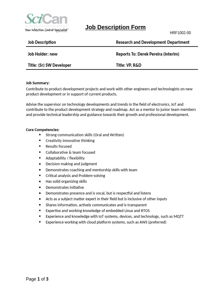 Sr Embedded SW Developer Job Description | PDF | Embedded System ...