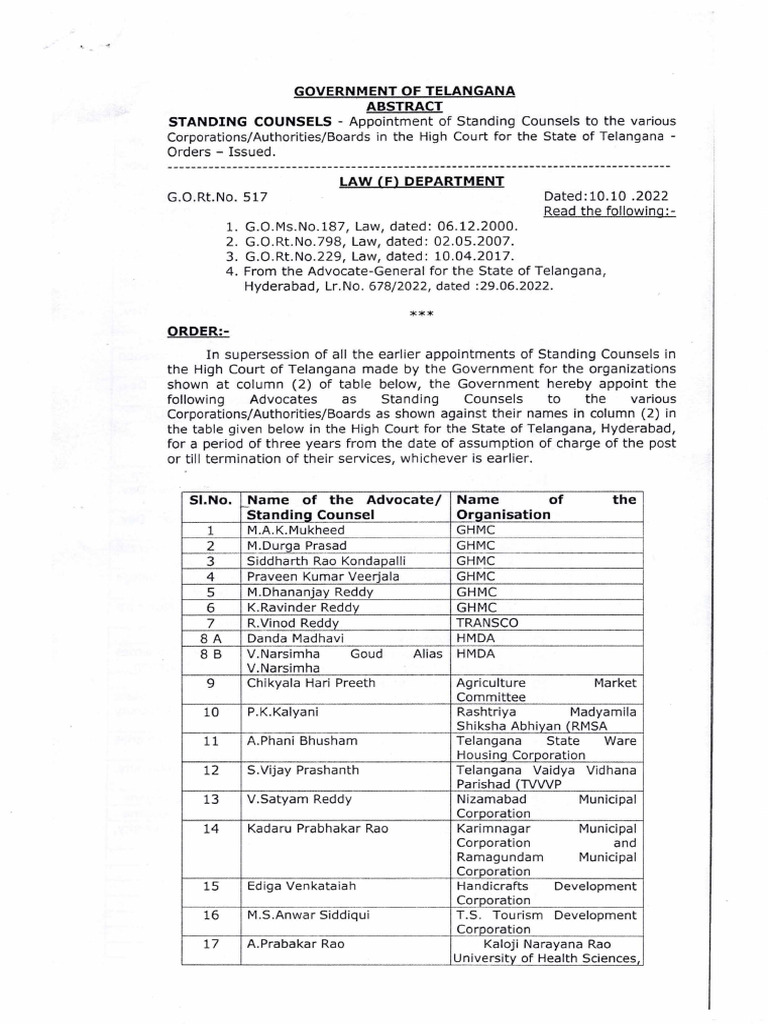 Telangana Standing Counsel Appointments | PDF