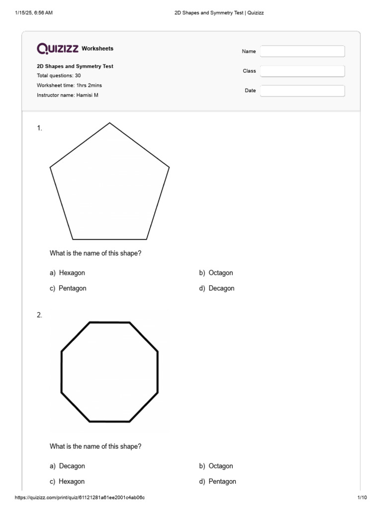 2D Shapes and Symmetry Quiz | PDF | Shape | Circle