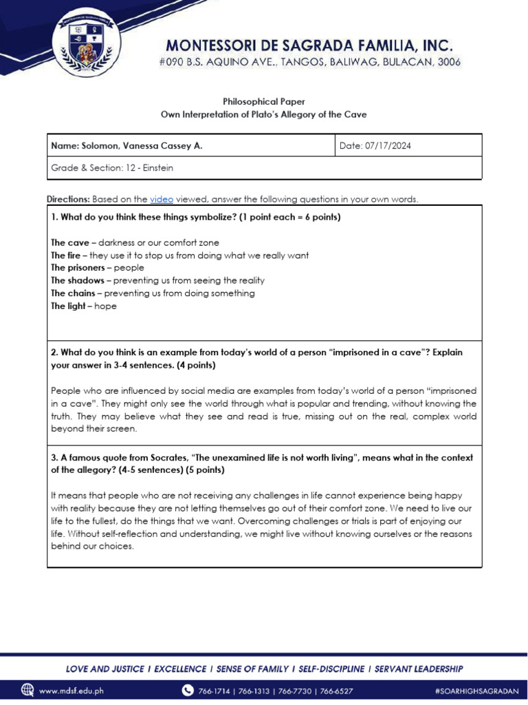(Vanessa) Philosophical Paper - Own Interpretation of Plato's Allegory ...