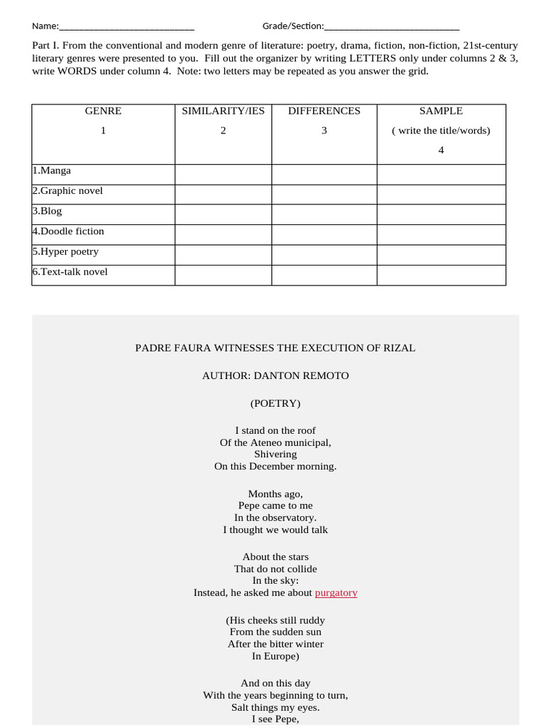 Literary Genres & Poetry Analysis Worksheet | PDF | Poetry | Written Communication