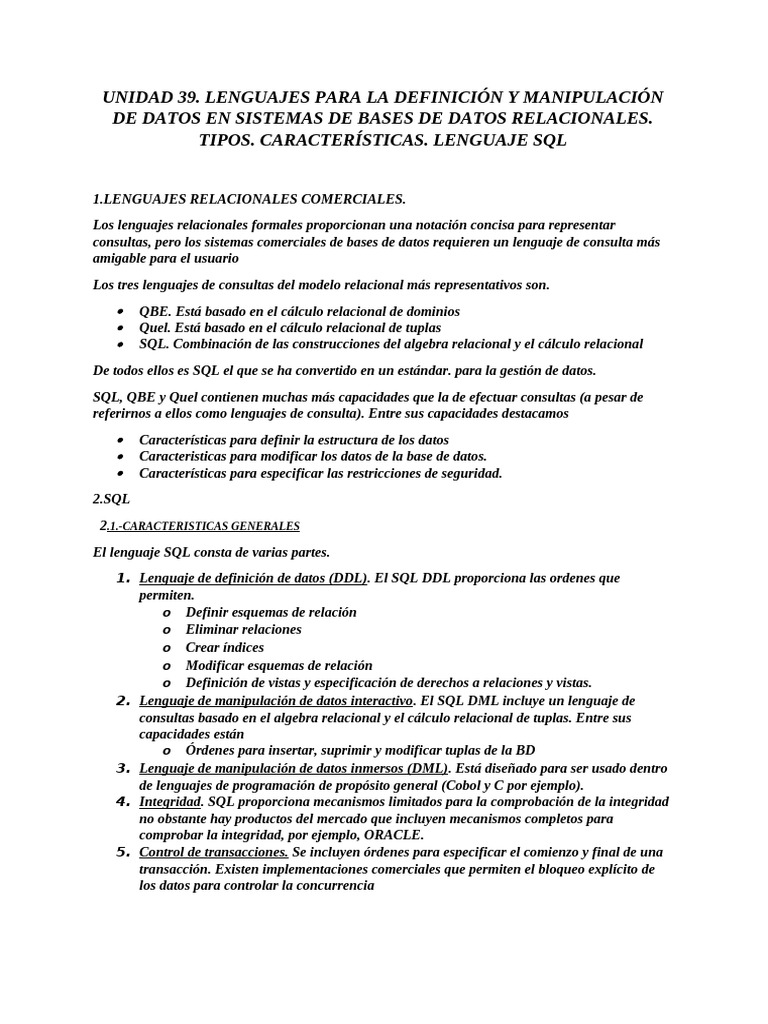 Lenguajes SQL y Manipulación de Datos | PDF | SQL | Base de datos ...