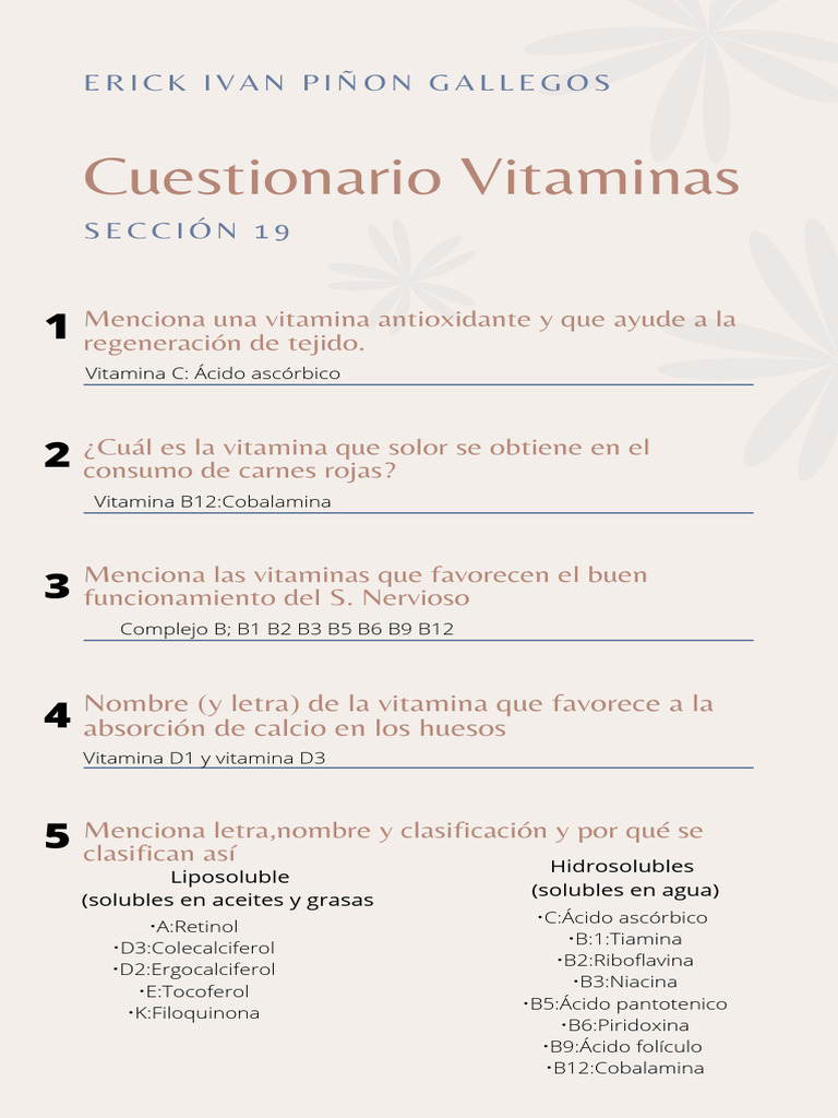 Cuestionario Vitaminas: Erick Ivan Piñon Gallegos | PDF