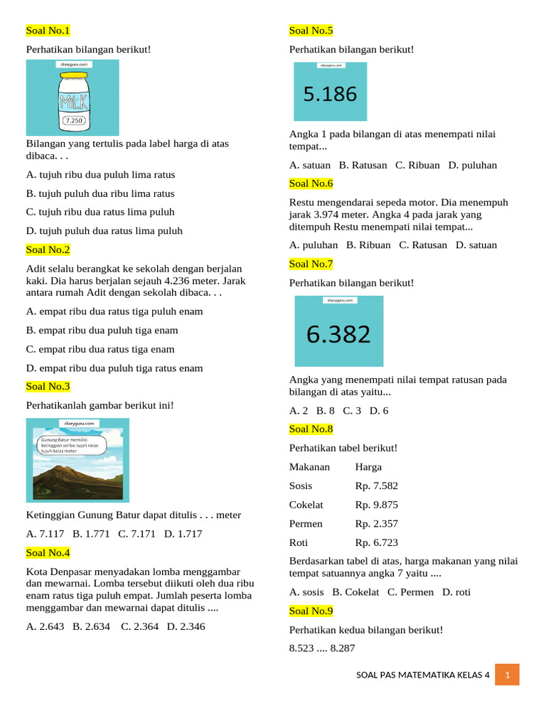 Soal Uas Matematika Kelas 4 Sdi | PDF